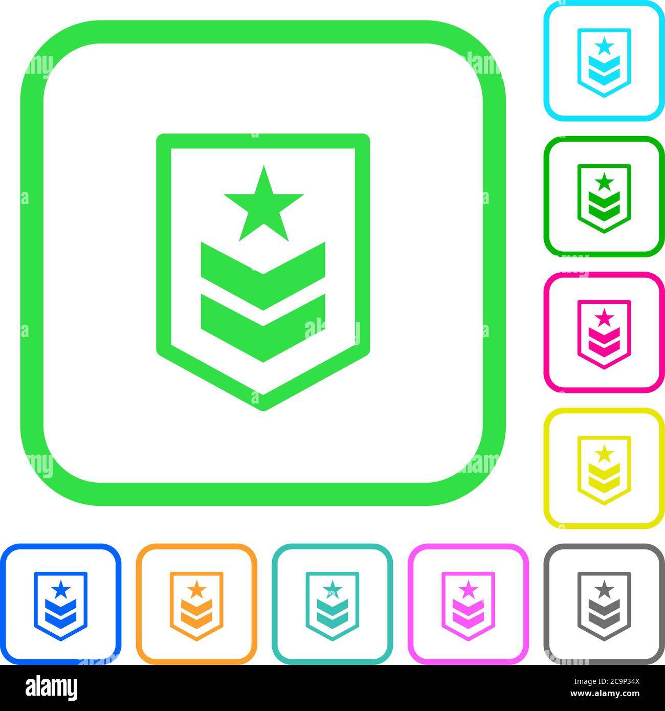 Military rank vivid colored flat icons in curved borders on white ...