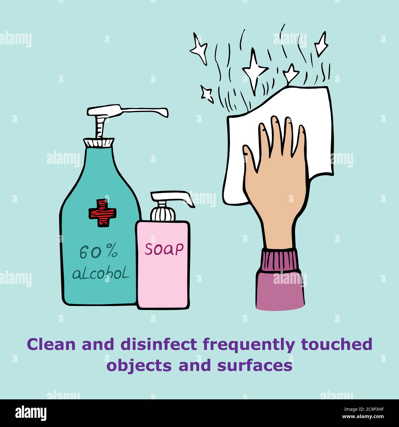 Clean and disinfect frequently touched objects and surfaces, outline ...