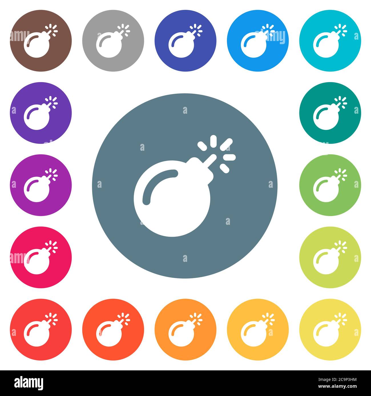 Bomb with sparkling fuse flat white icons on round color backgrounds ...