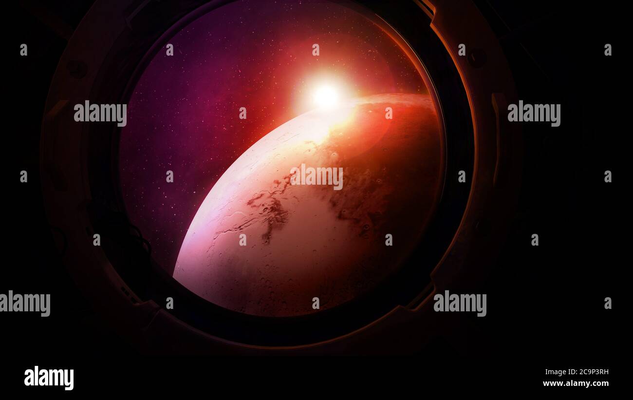 Sun-lit Mars from the round spacecraft porthole Stock Photo - Alamy