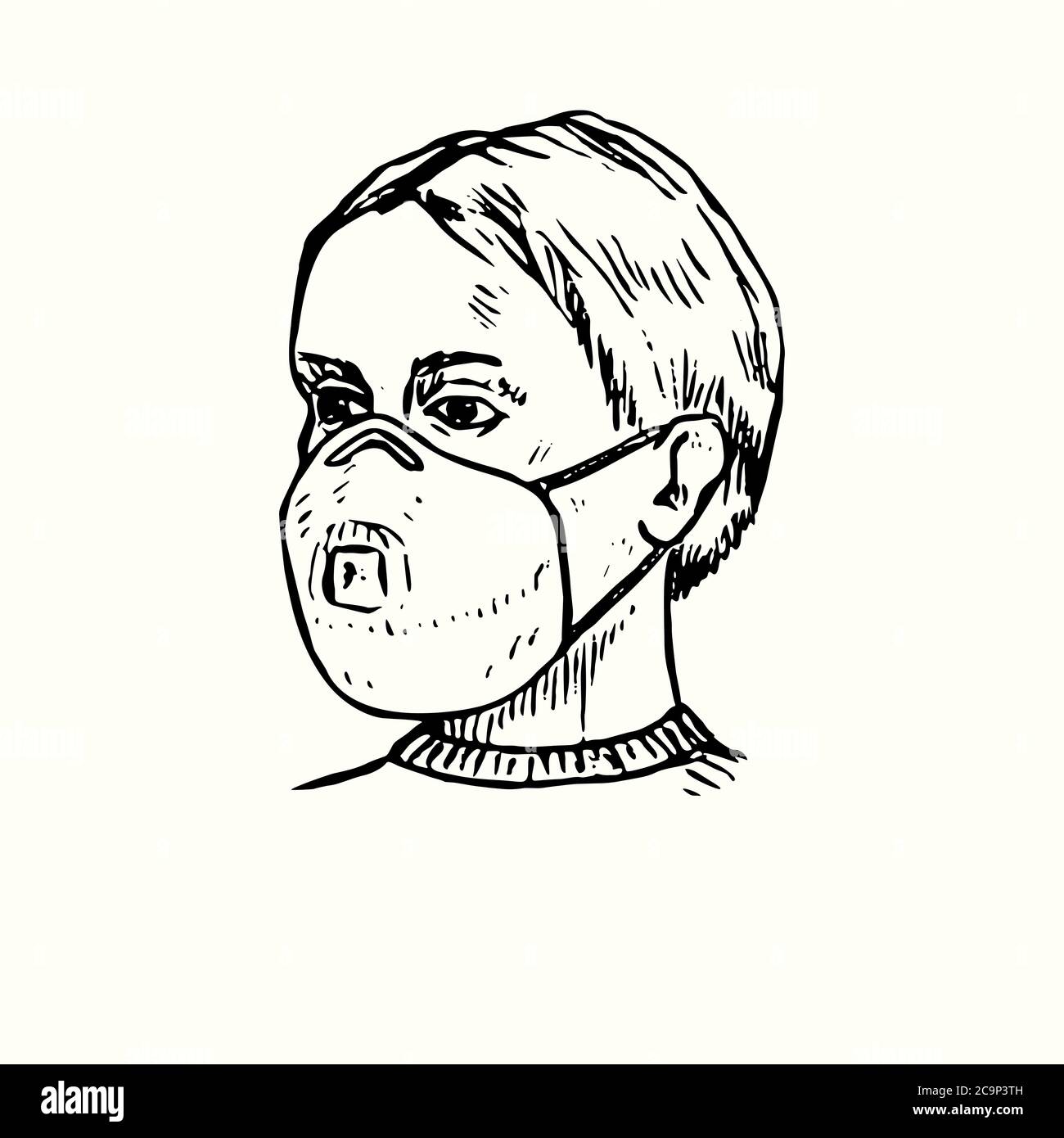 Girl wearing N95 respirator isolated, outline simple doodle drawing ...