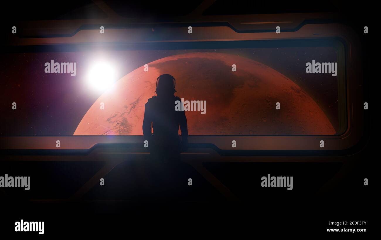 Astronaut at the porthole of a spaceship approaching Mars Stock Photo ...