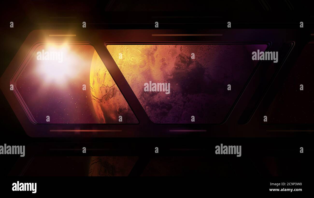 Mars and sun glare from the window of a space station Stock Photo - Alamy