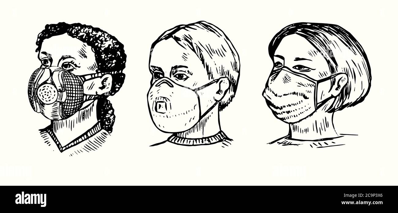 Girls faces wearing P100 respirator, N95 respirator and surgical mask ...