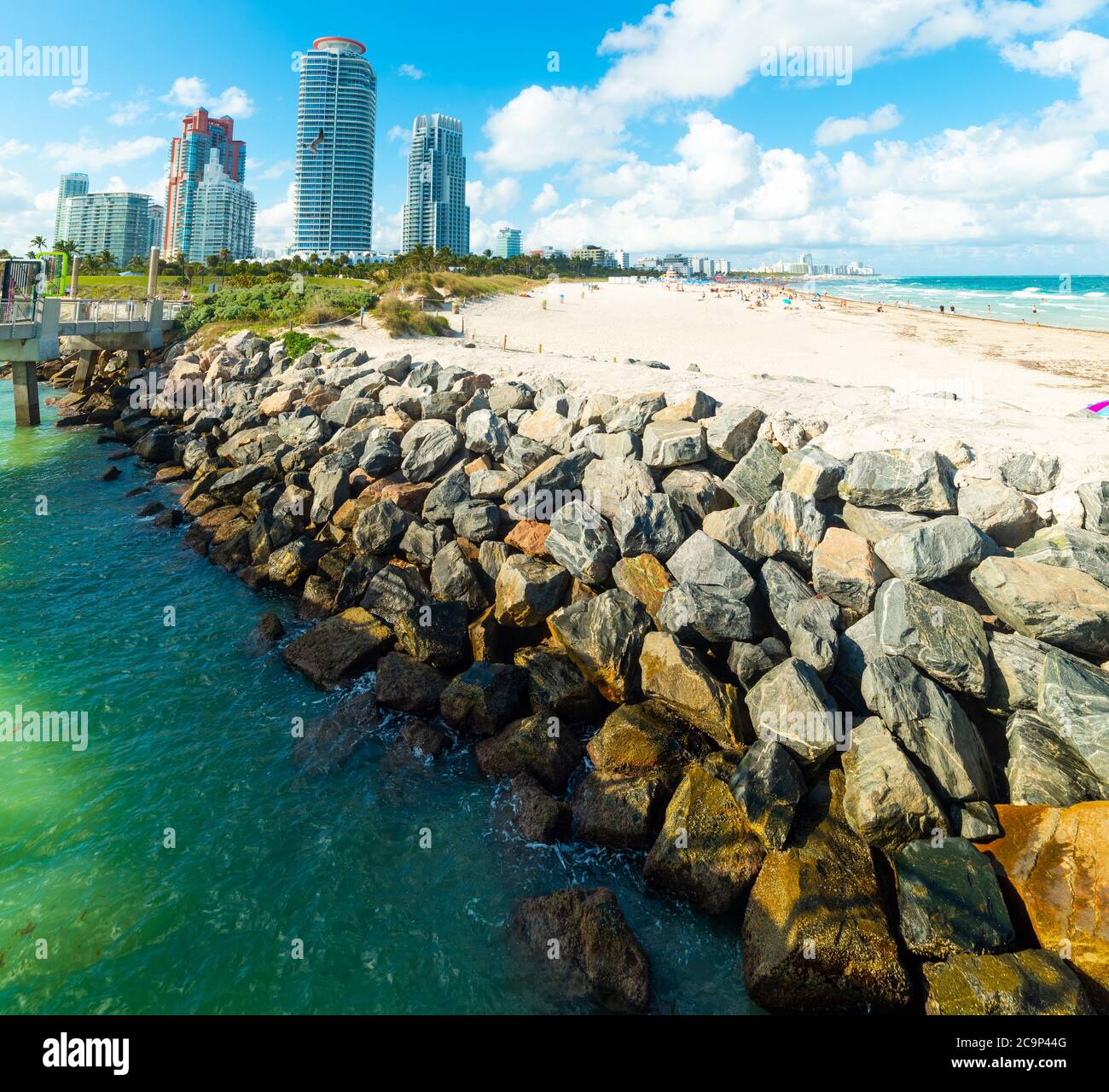 Breakwater and skyscrapers in Miami Beach southern shore, USA Stock ...