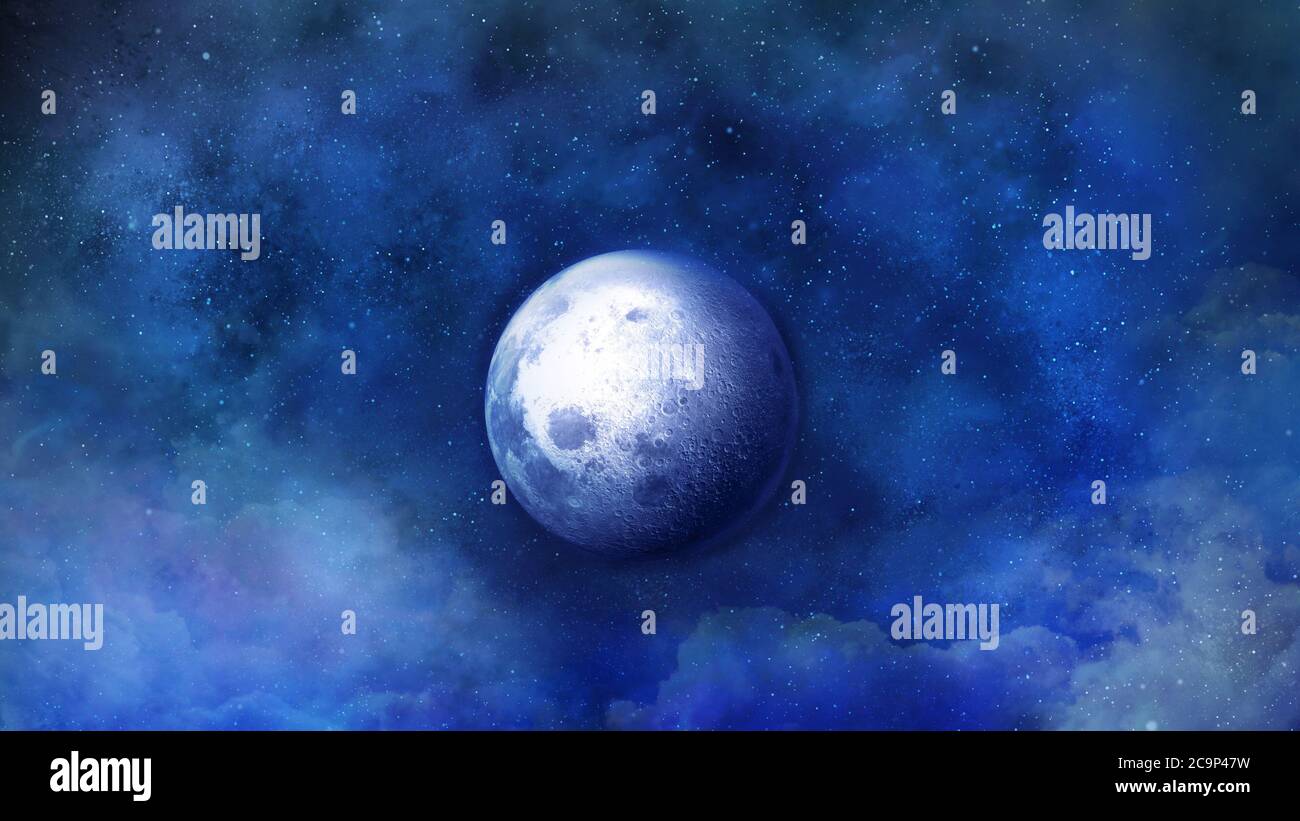 Romantic moon over clouds in starry night Stock Photo - Alamy