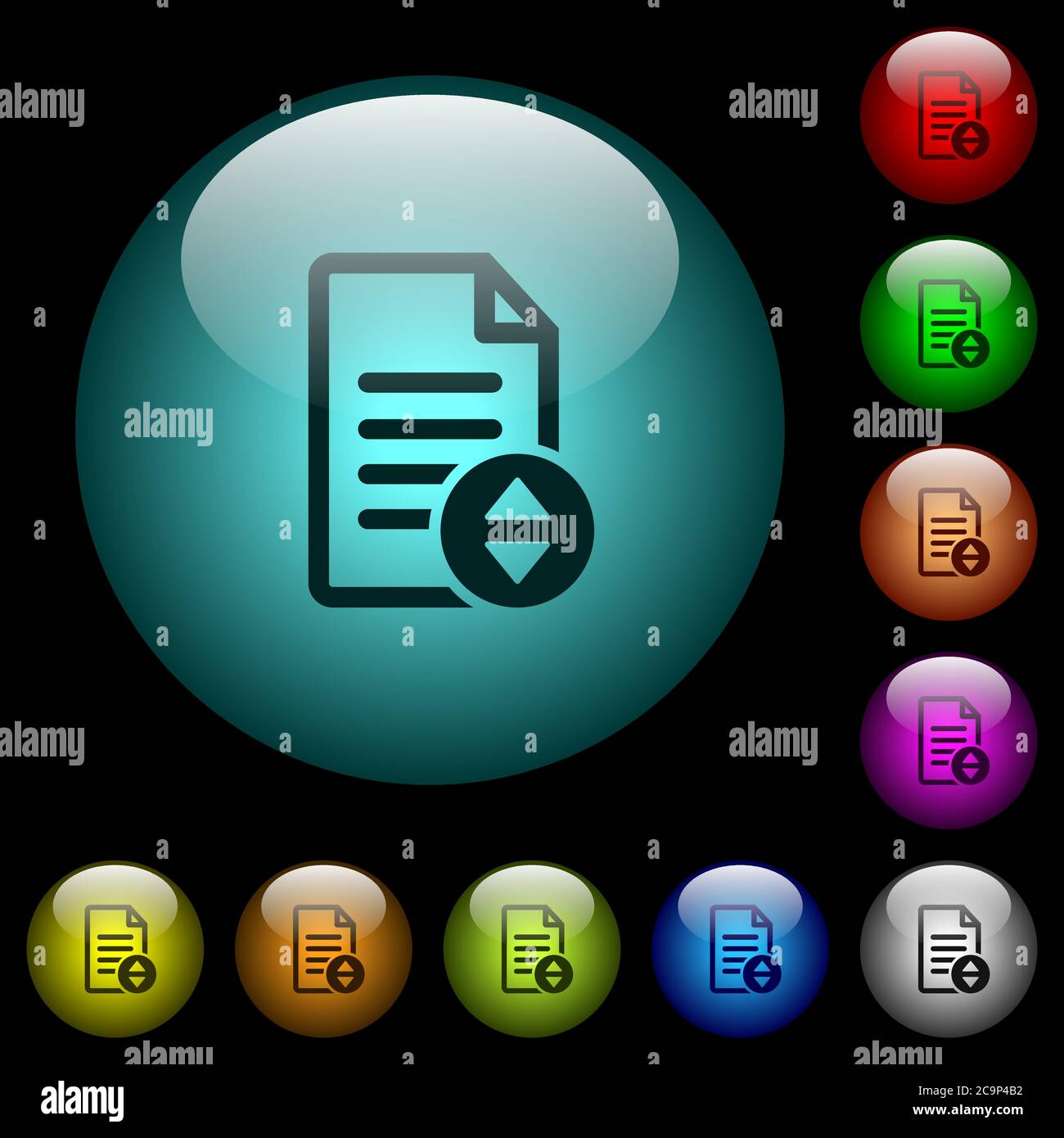 Document scrolling icons in color illuminated spherical glass buttons ...