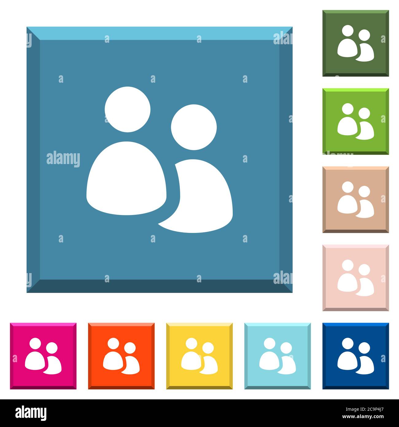 User group white icons on edged square buttons in various trendy colors ...
