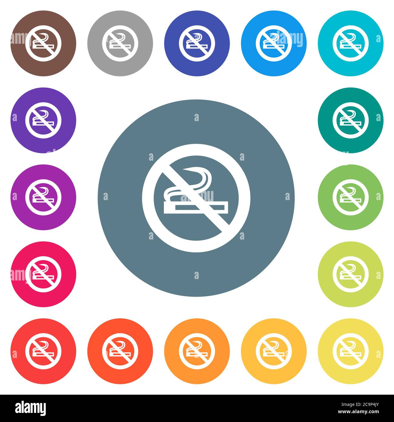 No smoking sign flat white icons on round color backgrounds. 17 ...