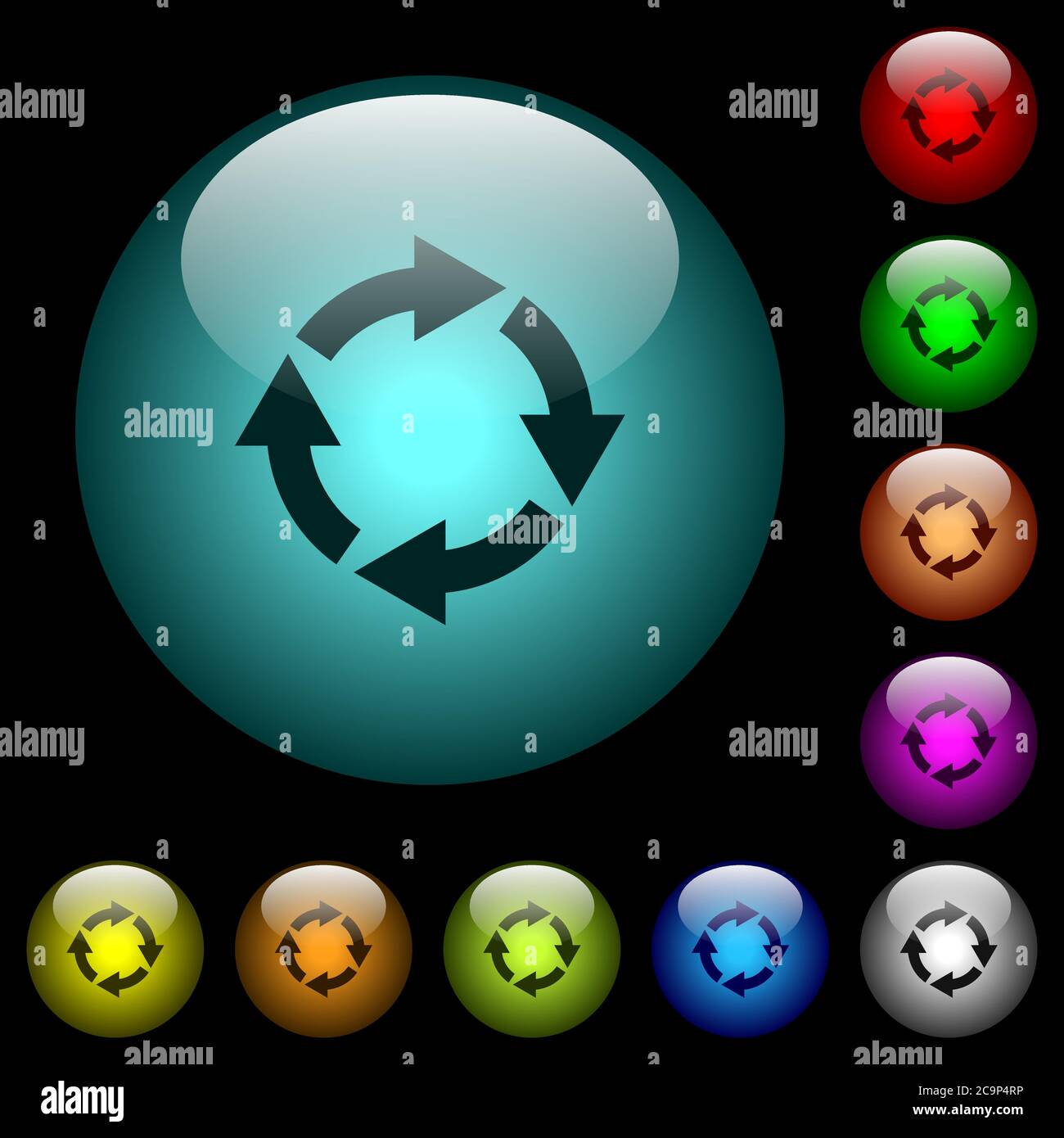 Rotate right icons in color illuminated spherical glass buttons on ...