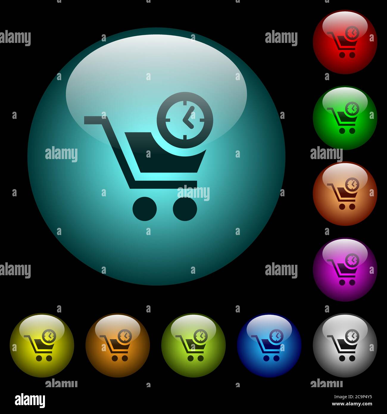 Instant purchase icons in color illuminated spherical glass buttons on ...