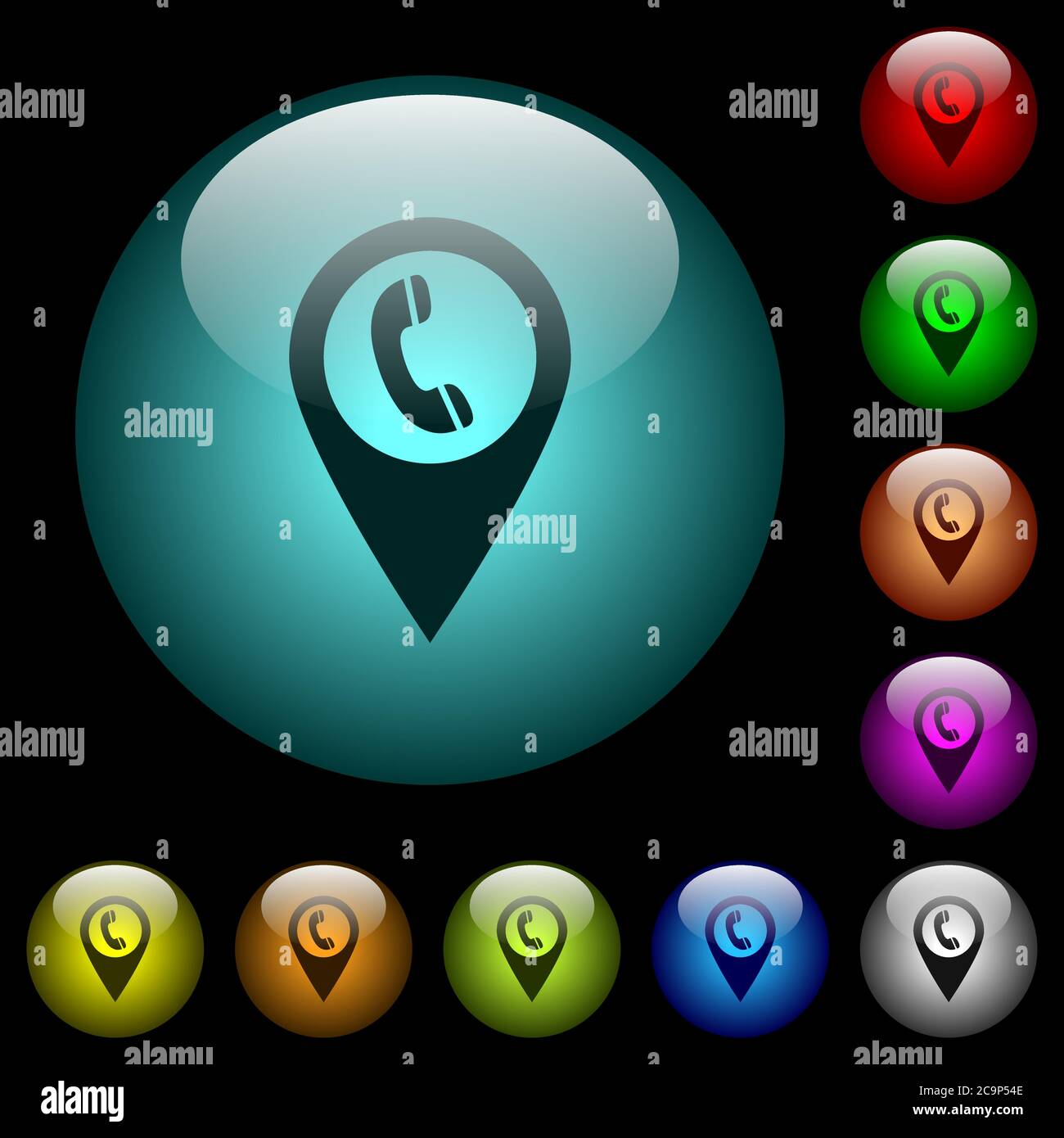 Call box GPS map location icons in color illuminated spherical glass ...