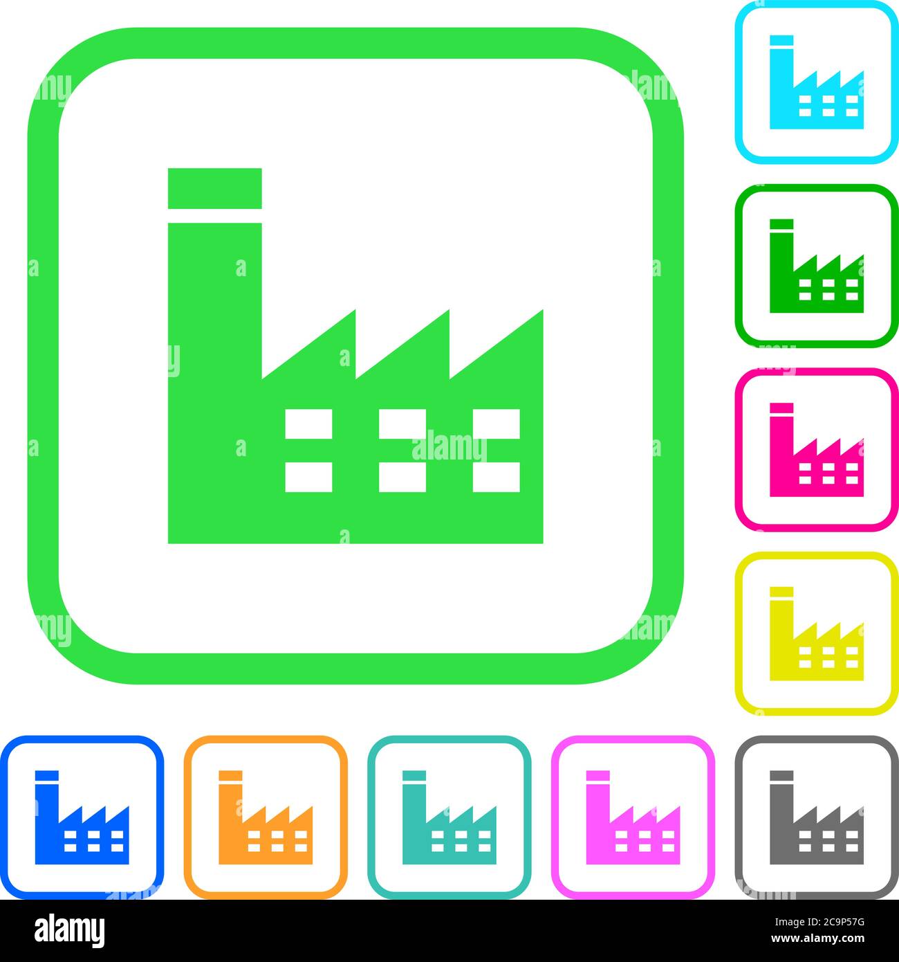 Factory building vivid colored flat icons in curved borders on white ...
