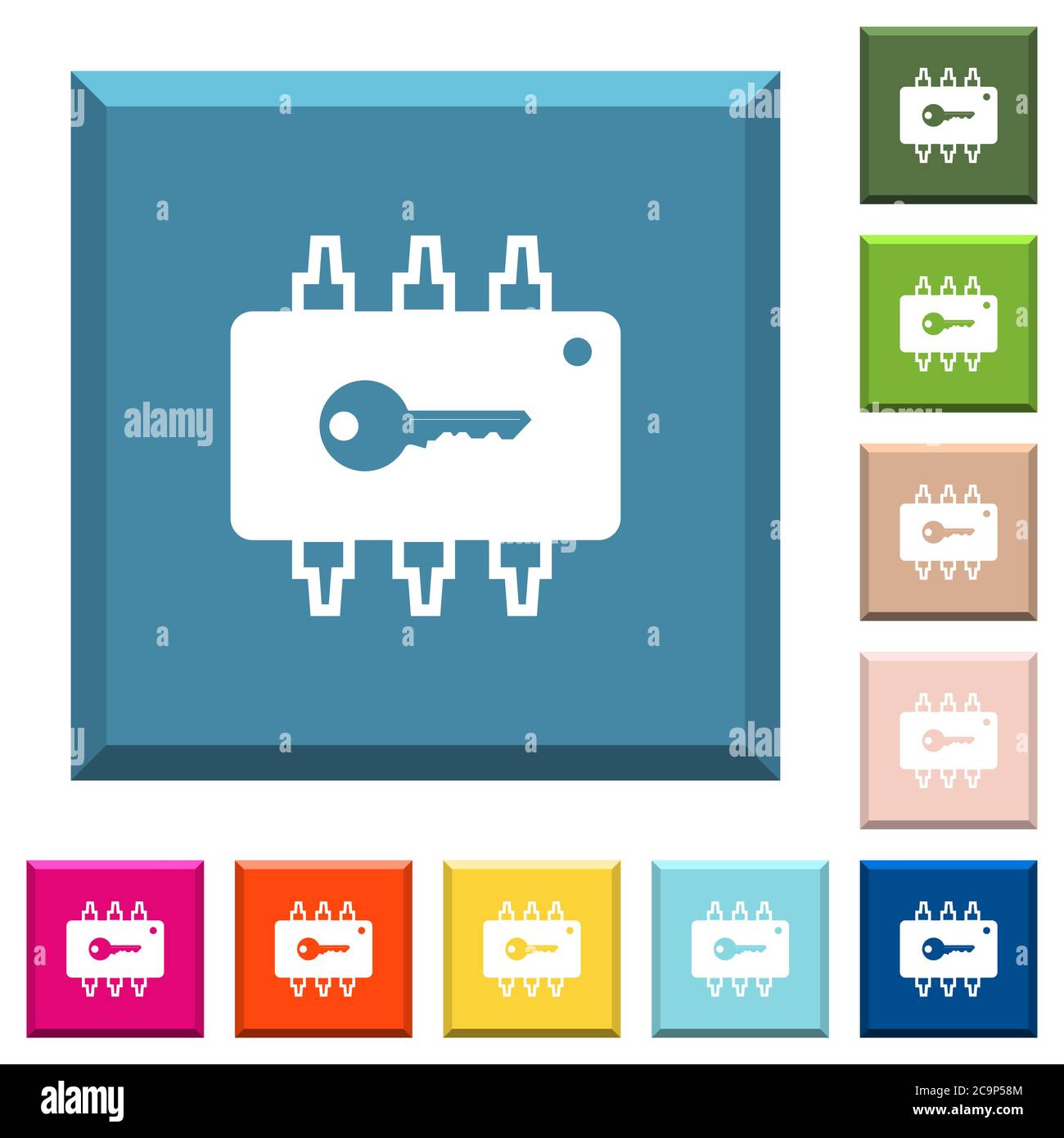 Hardware security white icons on edged square buttons in various trendy ...