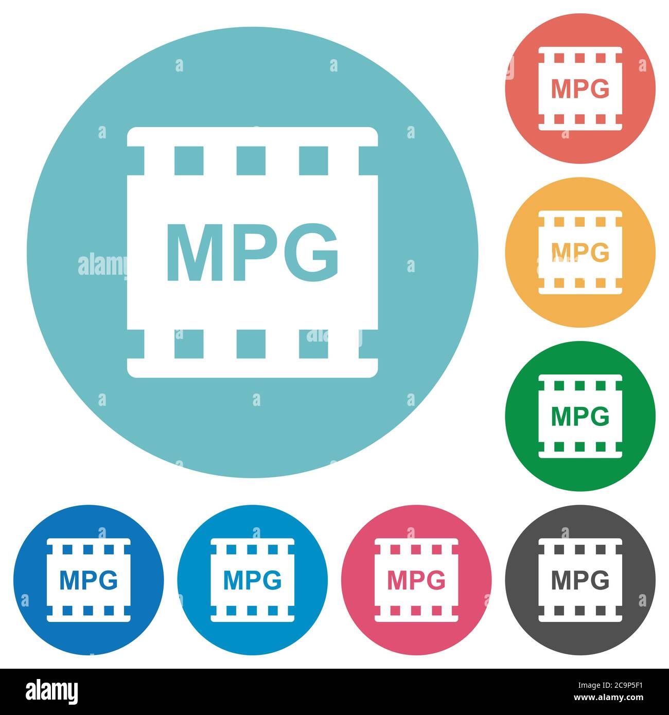 MPG movie format flat white icons on round color backgrounds Stock ...