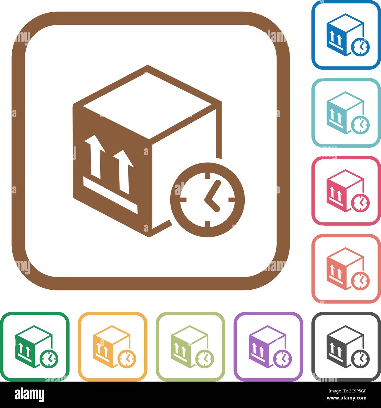 Package shipping time simple icons in color rounded square frames on ...
