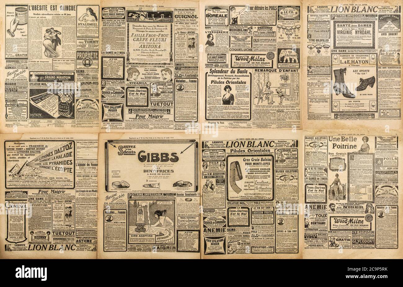 Old newspaper page with vintage lettering engraving advertising. Used ...