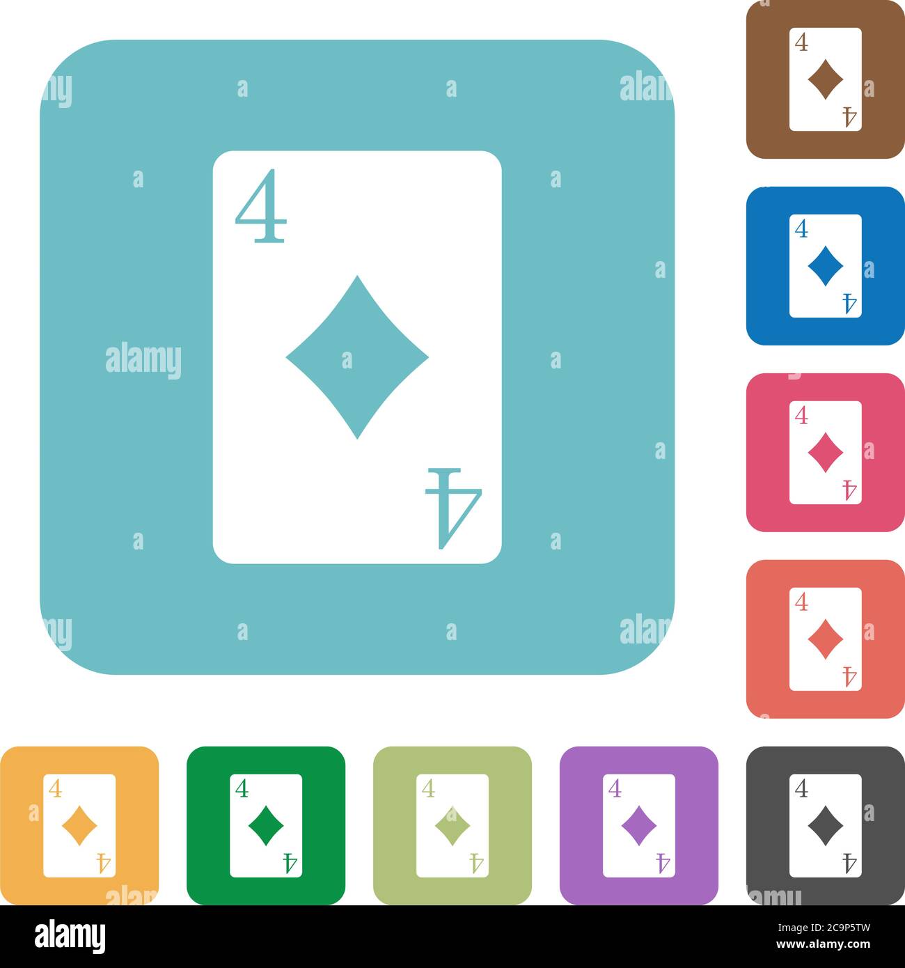 Four of diamonds card white flat icons on color rounded square ...