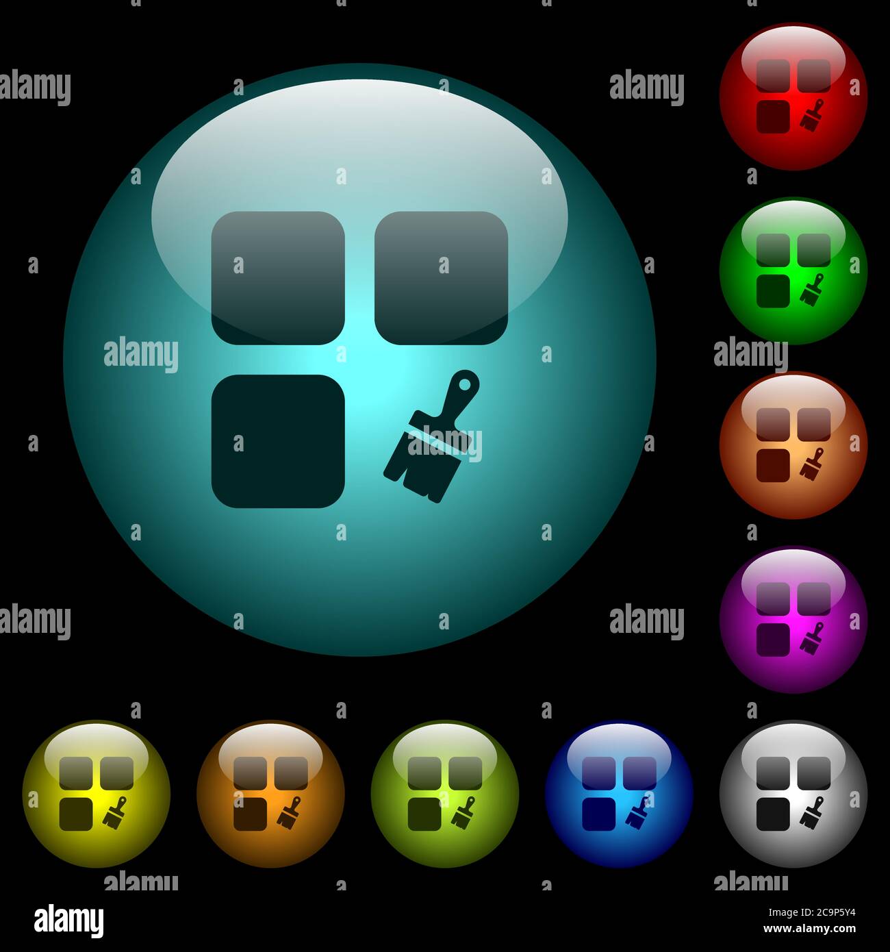 Component paste icons in color illuminated spherical glass buttons on black background. Can be ...