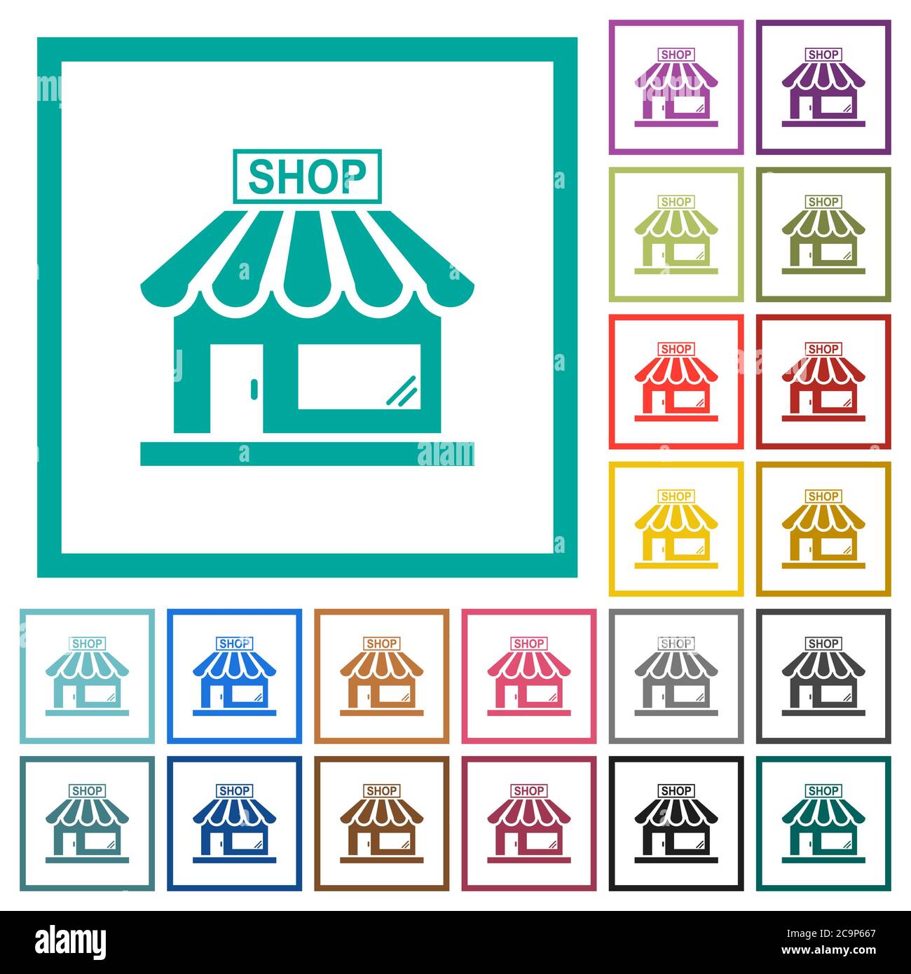 Store front flat color icons with quadrant frames on white background ...