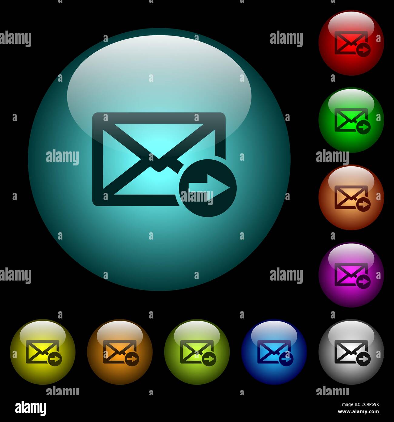 Mail forwarding icons in color illuminated spherical glass buttons on ...