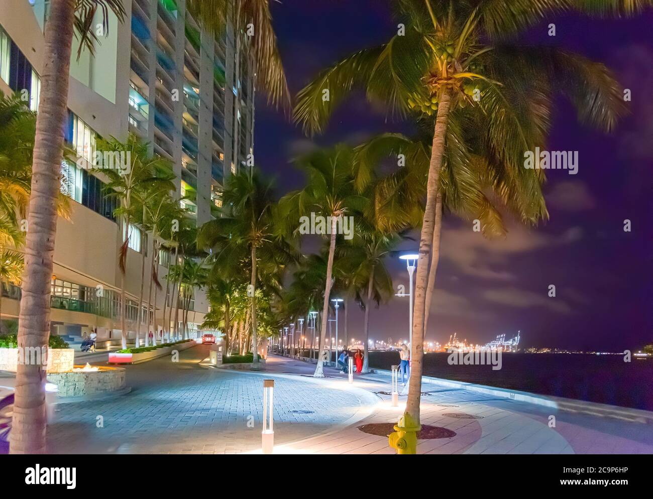 Colorful night in Miami Riverwalk. Florida, USA Stock Photo - Alamy