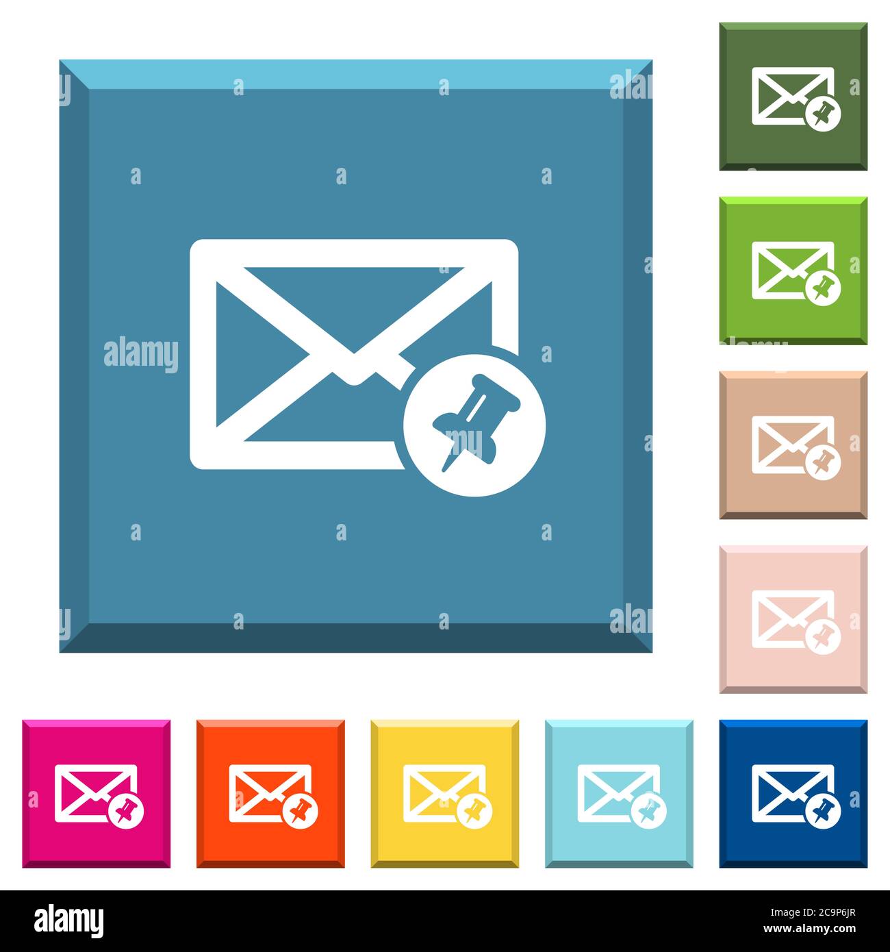 Pin mail white icons on edged square buttons in various trendy colors ...