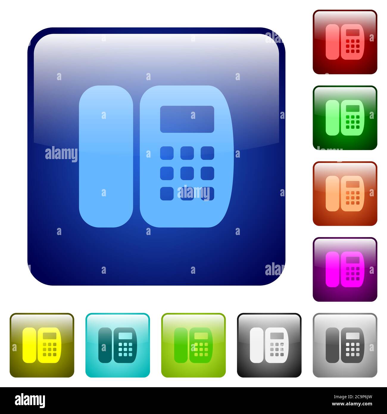 Office Phone Icons In Rounded Square Color Glossy Button Set Stock