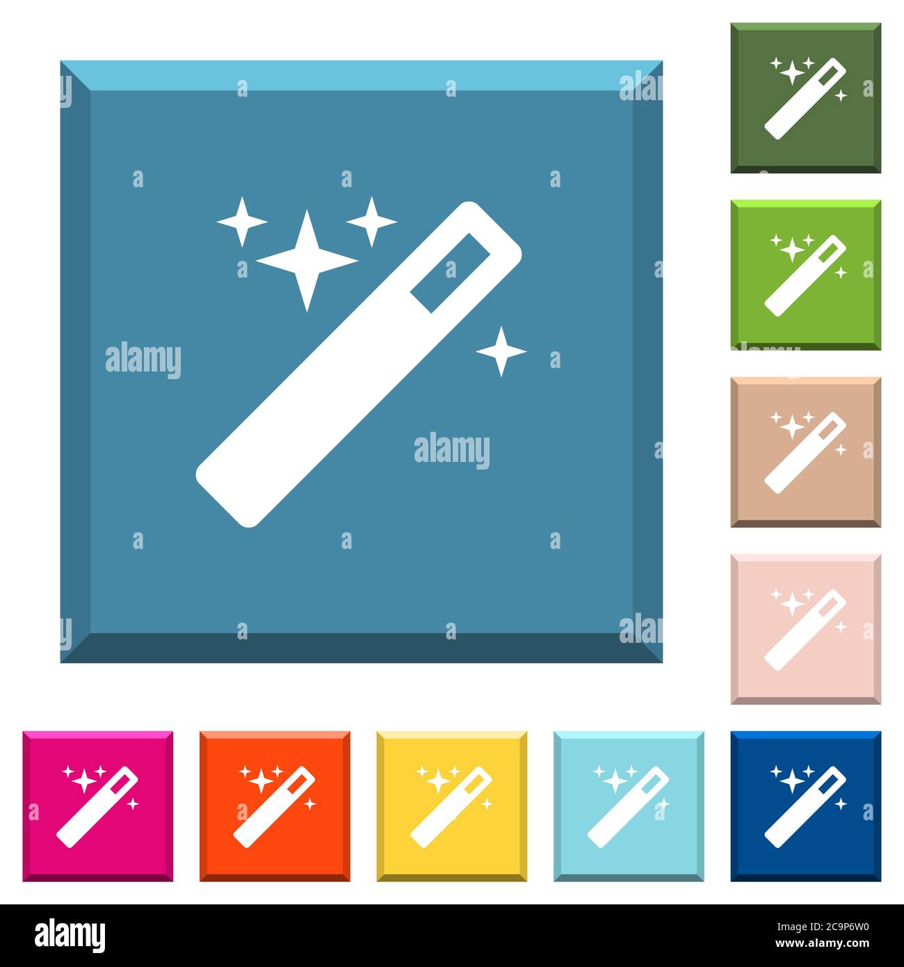 Magic wand white icons on edged square buttons in various trendy colors ...