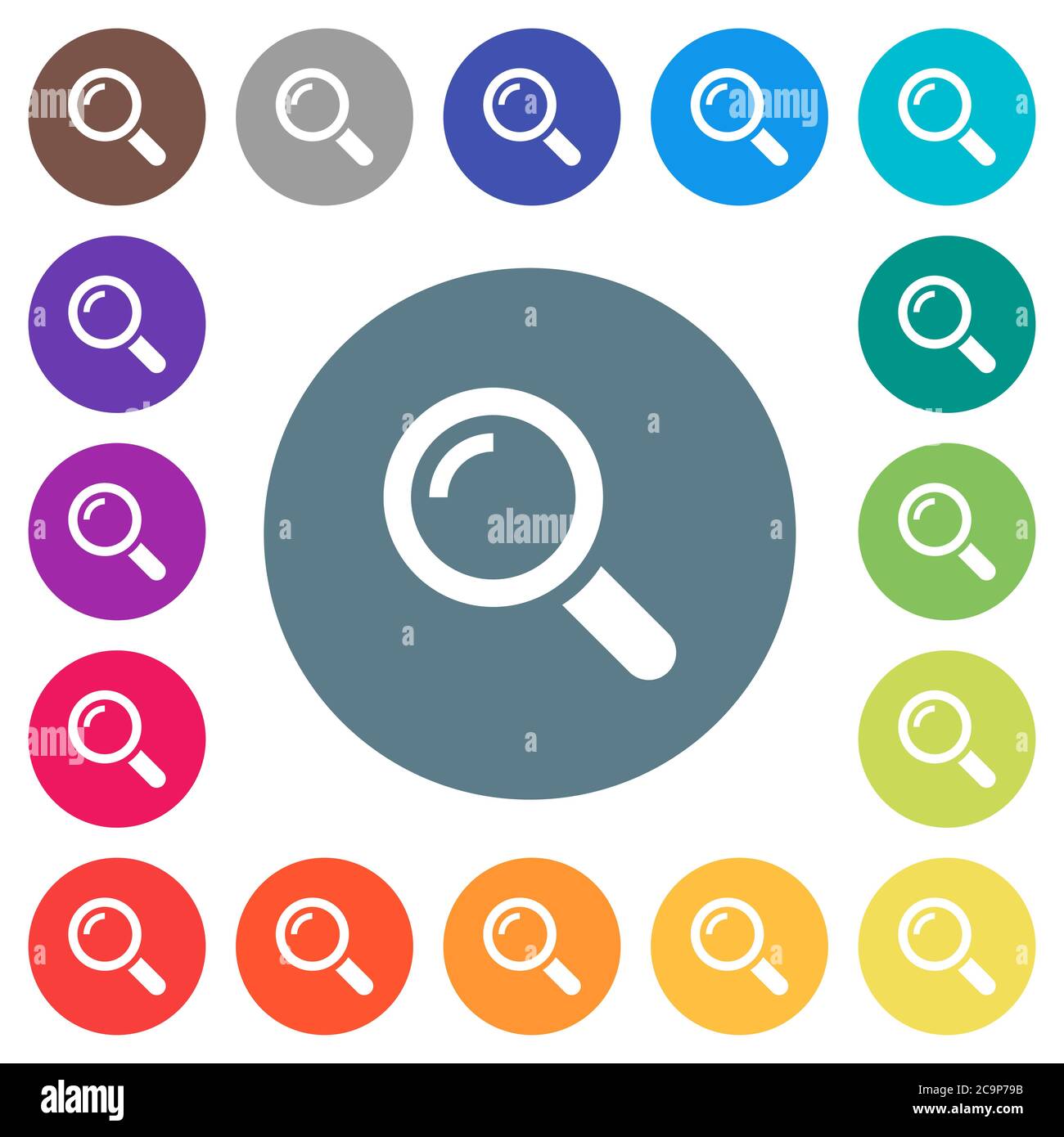Single magnifier flat white icons on round color backgrounds. 17 ...