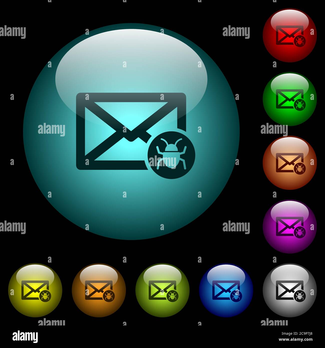 Spam mail icons in color illuminated spherical glass buttons on black ...