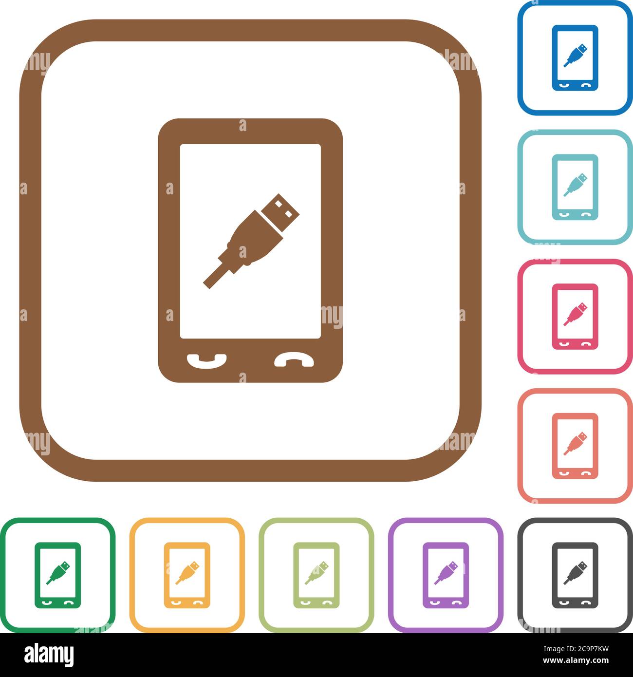 Mobile usb connection simple icons in color rounded square frames on ...
