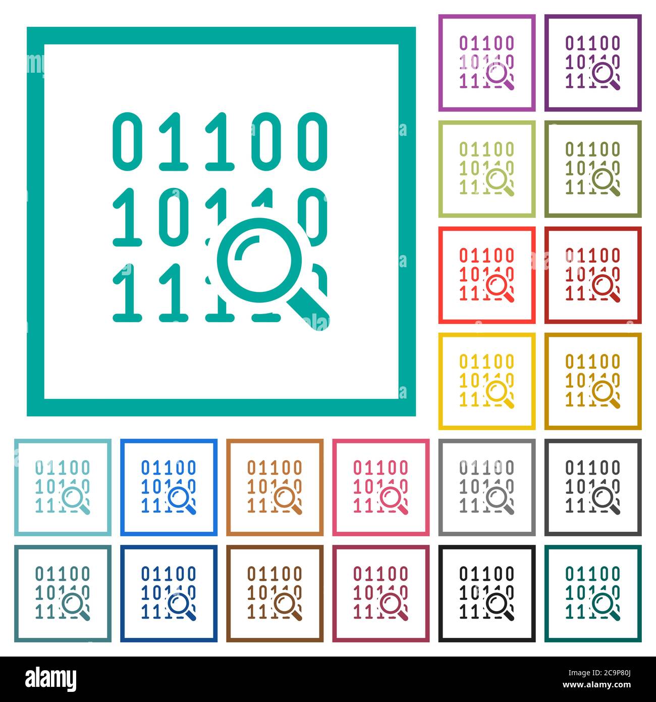 Code analysis flat color icons with quadrant frames on white background ...