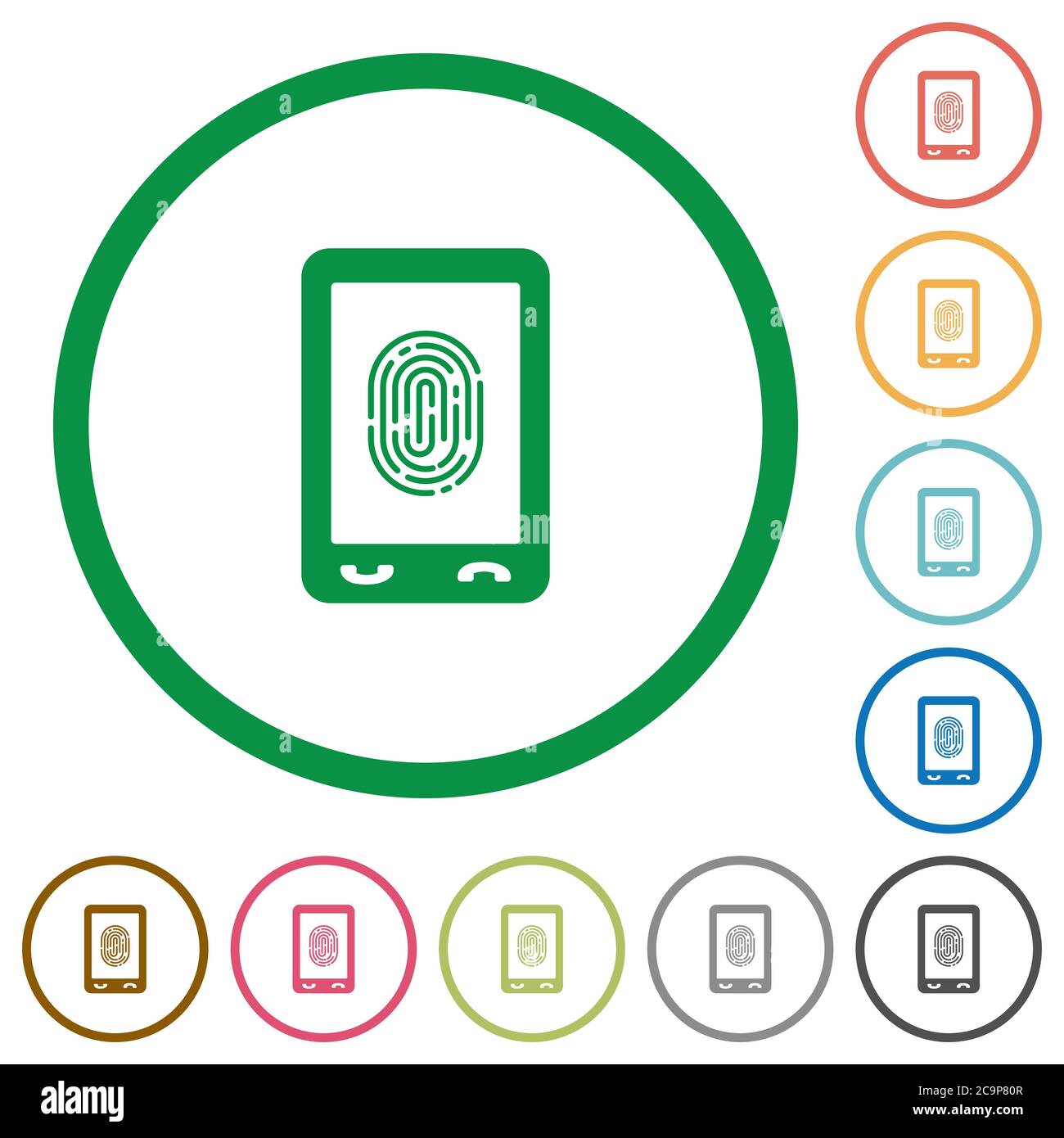 Mobile fingerprint identification flat color icons in round outlines on ...