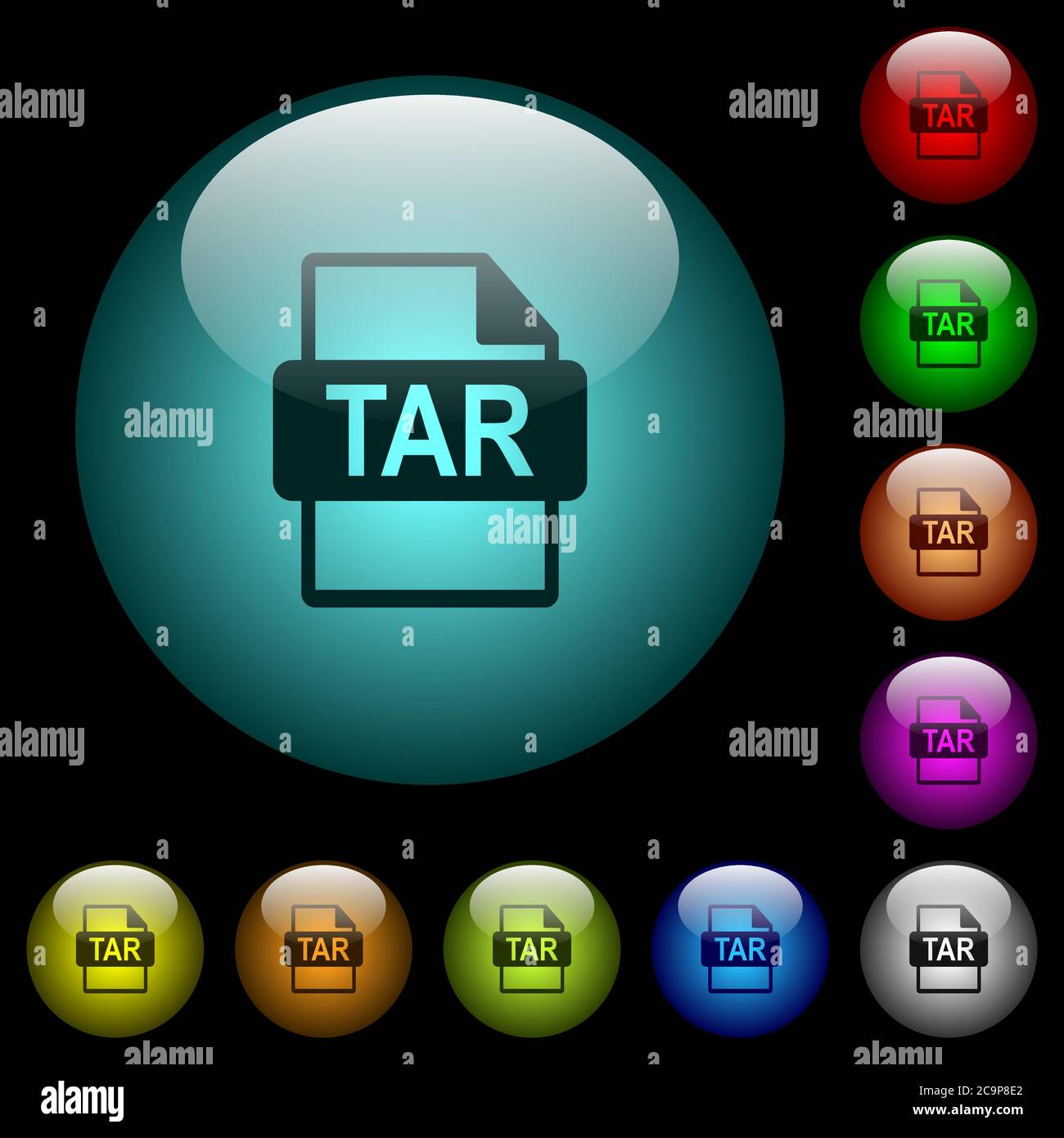 TAR file format icons in color illuminated spherical glass buttons on ...