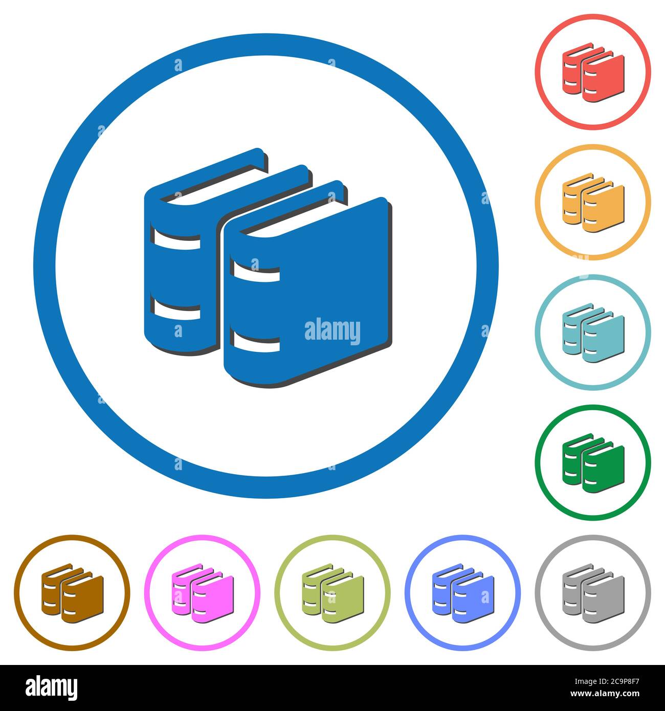 Two books flat color vector icons with shadows in round outlines on ...