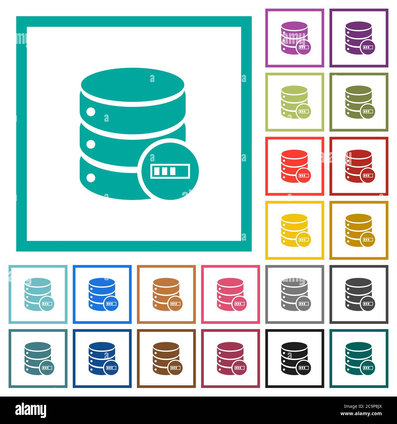 Database processing flat color icons with quadrant frames on white ...