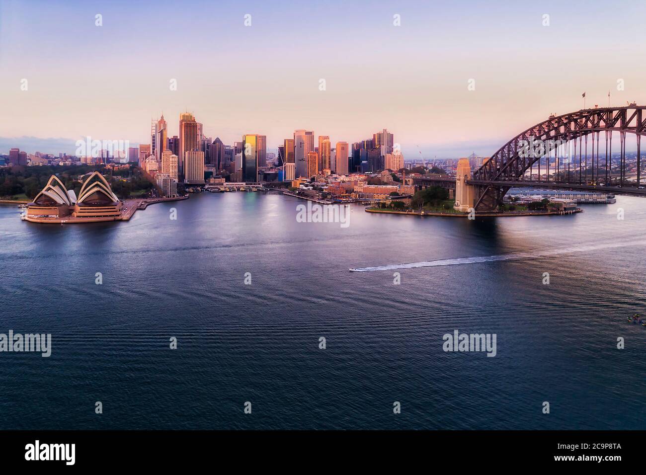 Circular quay waterfront in Sydney city - aerial elevated view at ...