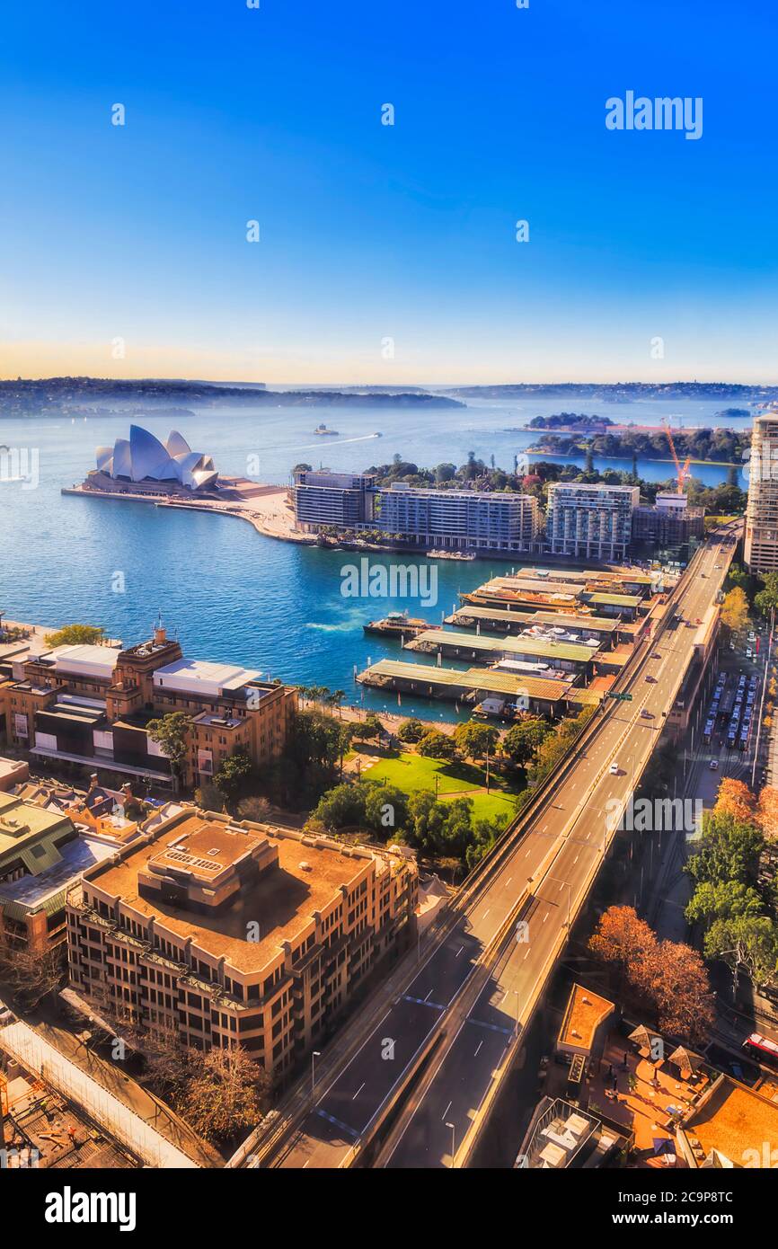 Circular quay ferri wharves on Sydney city waterfront of Harbour in ...