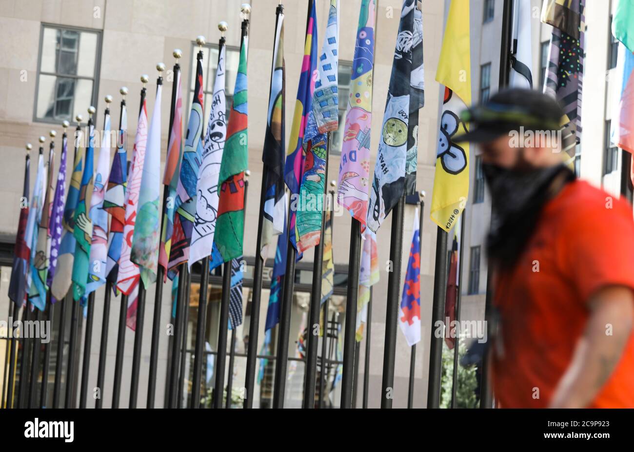 New York, USA. 1st Aug, 2020. Newly-designed flags are seen around the ...
