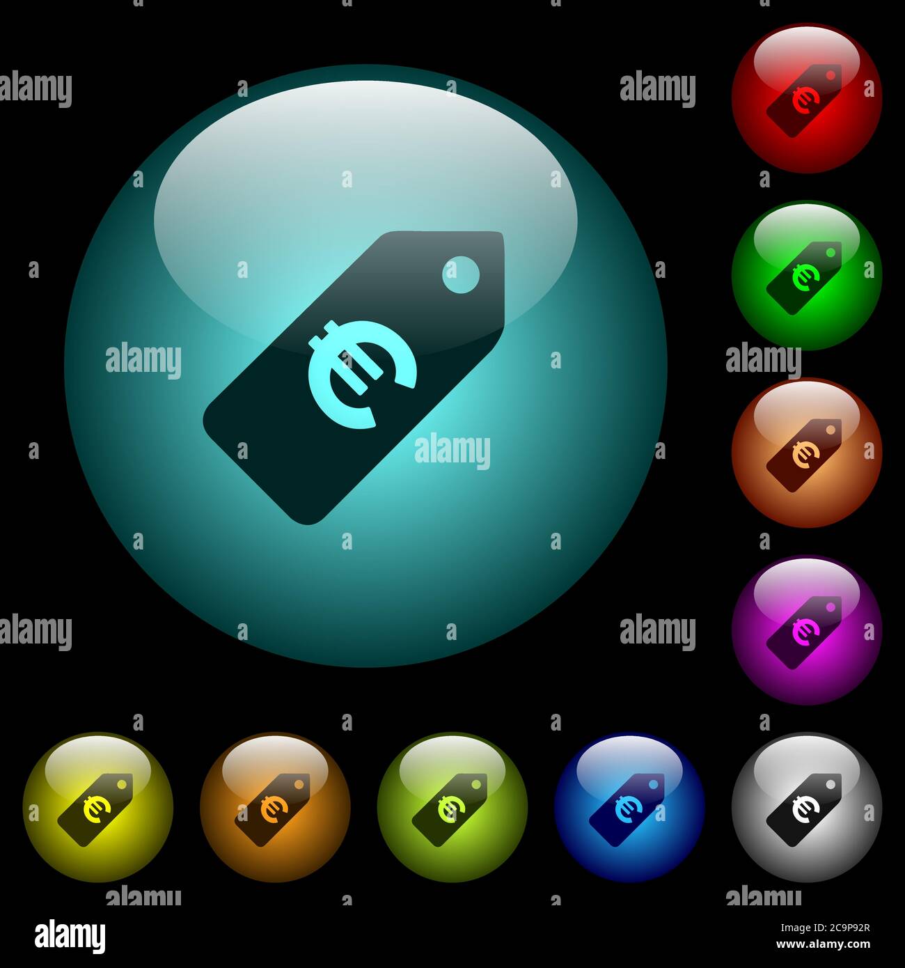 Euro price label icons in color illuminated spherical glass buttons on ...