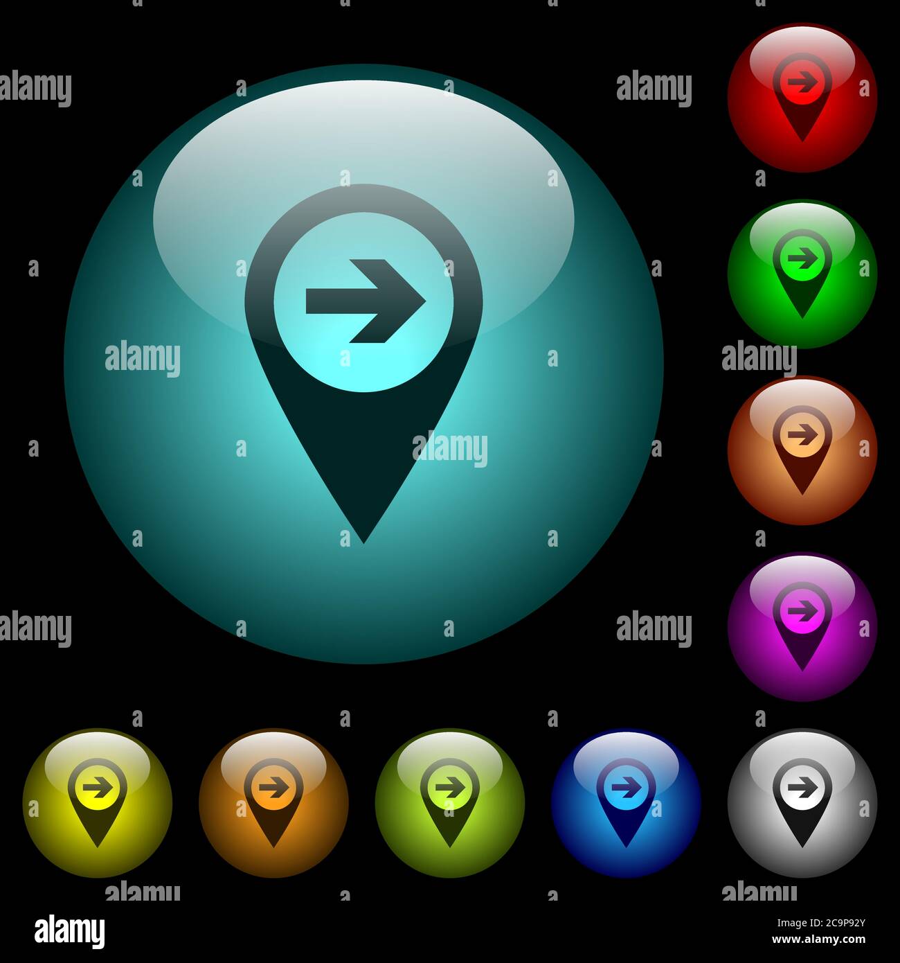 Next target GPS map location icons in color illuminated spherical glass ...
