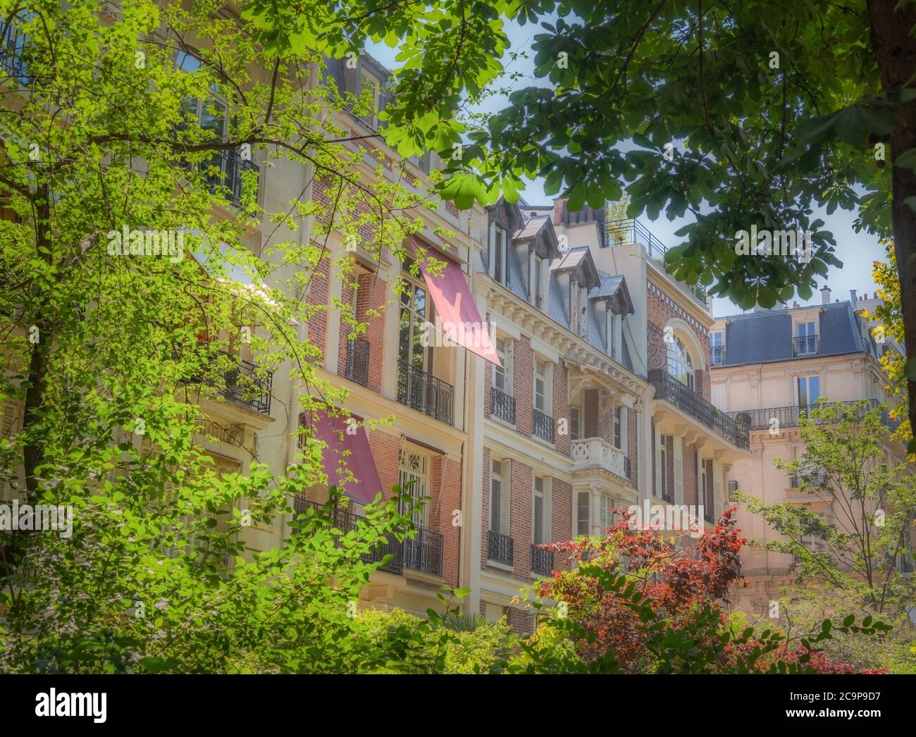 Elegant building seen through green trees in Paris, France Stock Photo ...