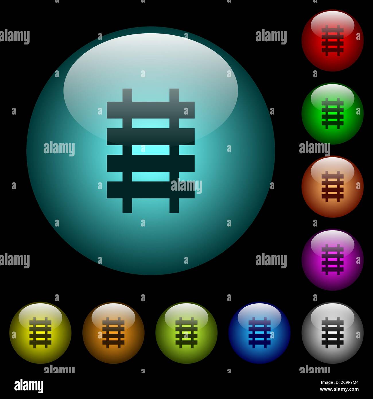 Railroad icons in color illuminated spherical glass buttons on black ...
