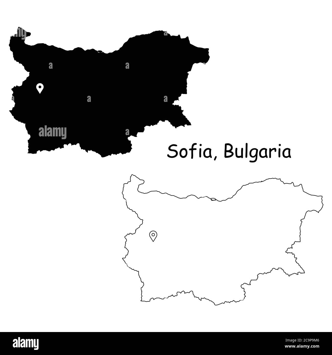 Sofia Bulgaria. Detailed Country Map with Location Pin on Capital City. Black silhouette and ...