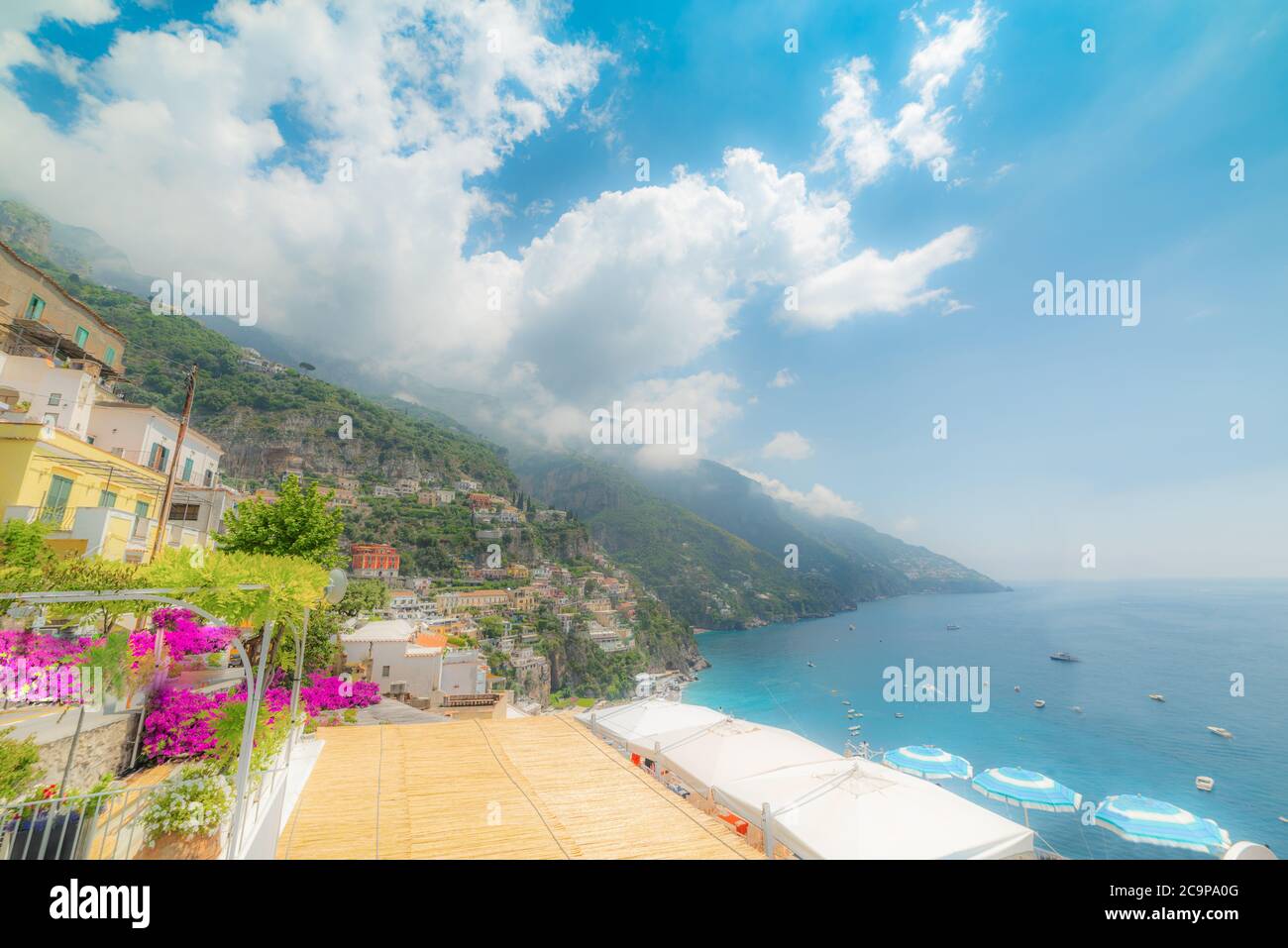 Blue sky over beautiful Positano coastline. Amalfi coast, Italy Stock ...