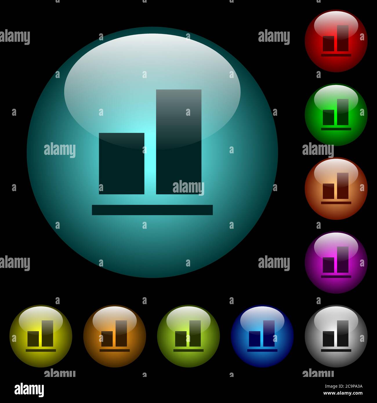 Align to bottom icons in color illuminated spherical glass buttons on ...