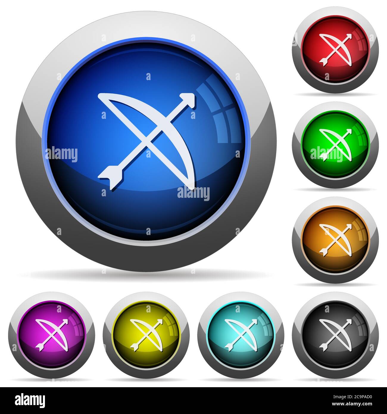 Bow with arrow icons in round glossy buttons with steel frames Stock ...