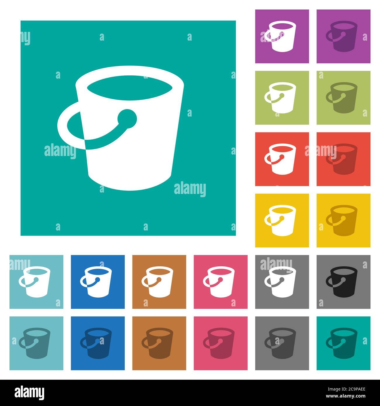 Bucket multi colored flat icons on plain square backgrounds. Included ...