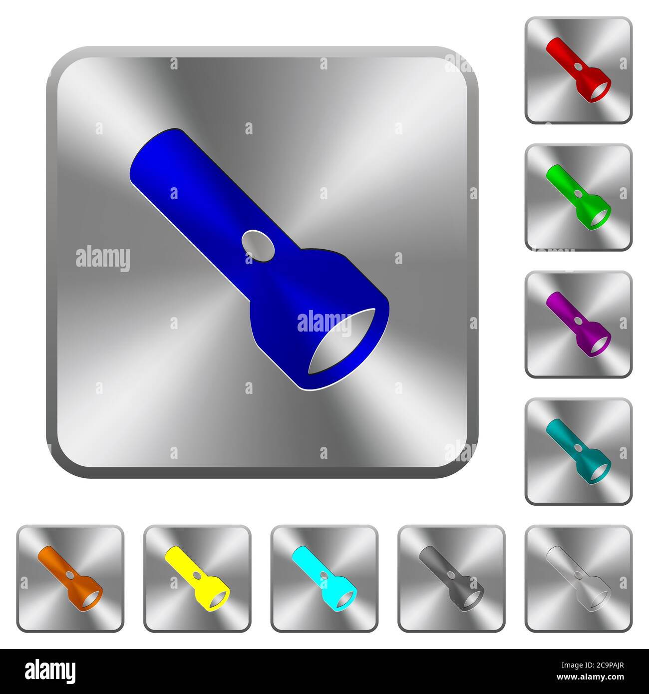 Flashlight engraved icons on rounded square glossy steel buttons Stock ...
